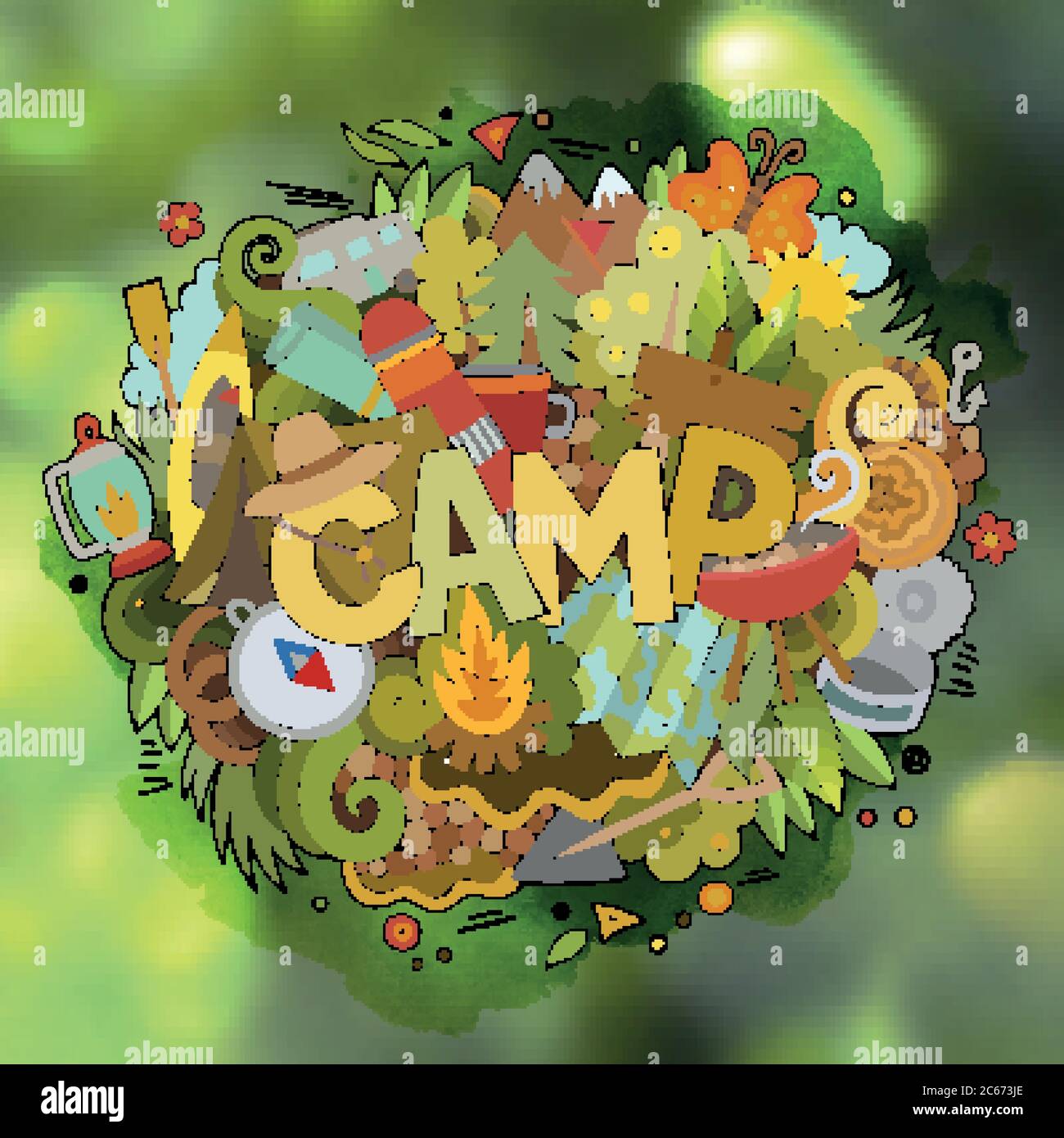Summer camp hand lettering and doodles elements background Stock Vector ...