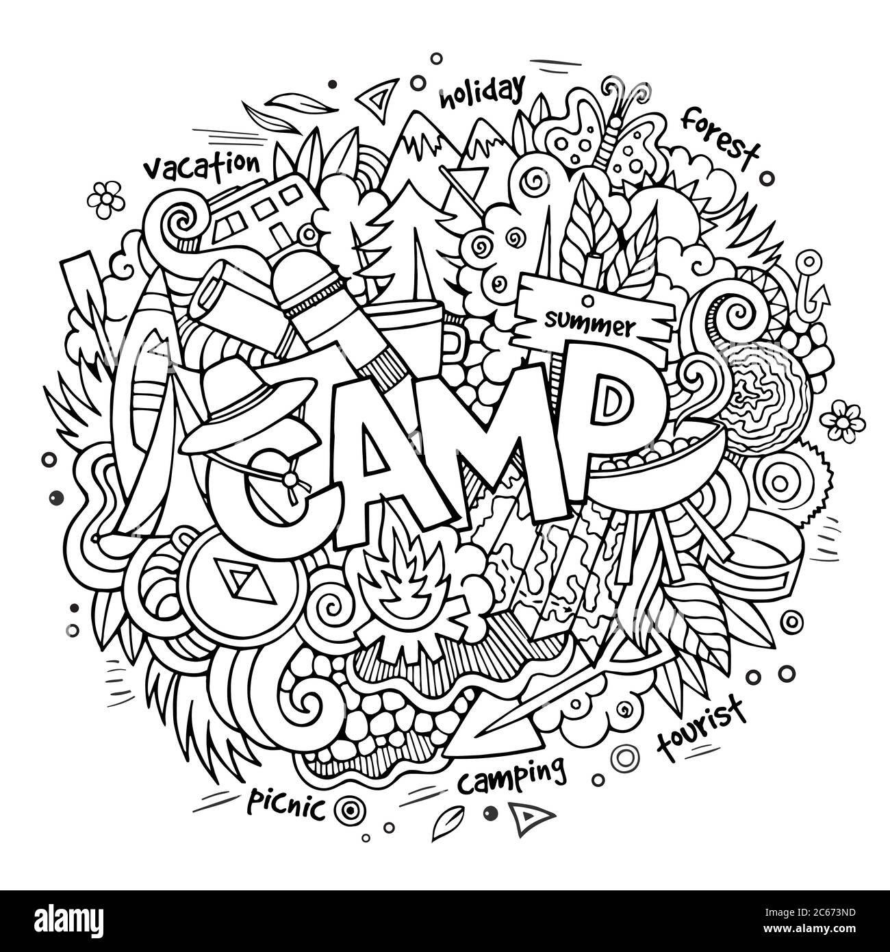 Summer camp hand lettering and doodles elements background Stock Vector ...