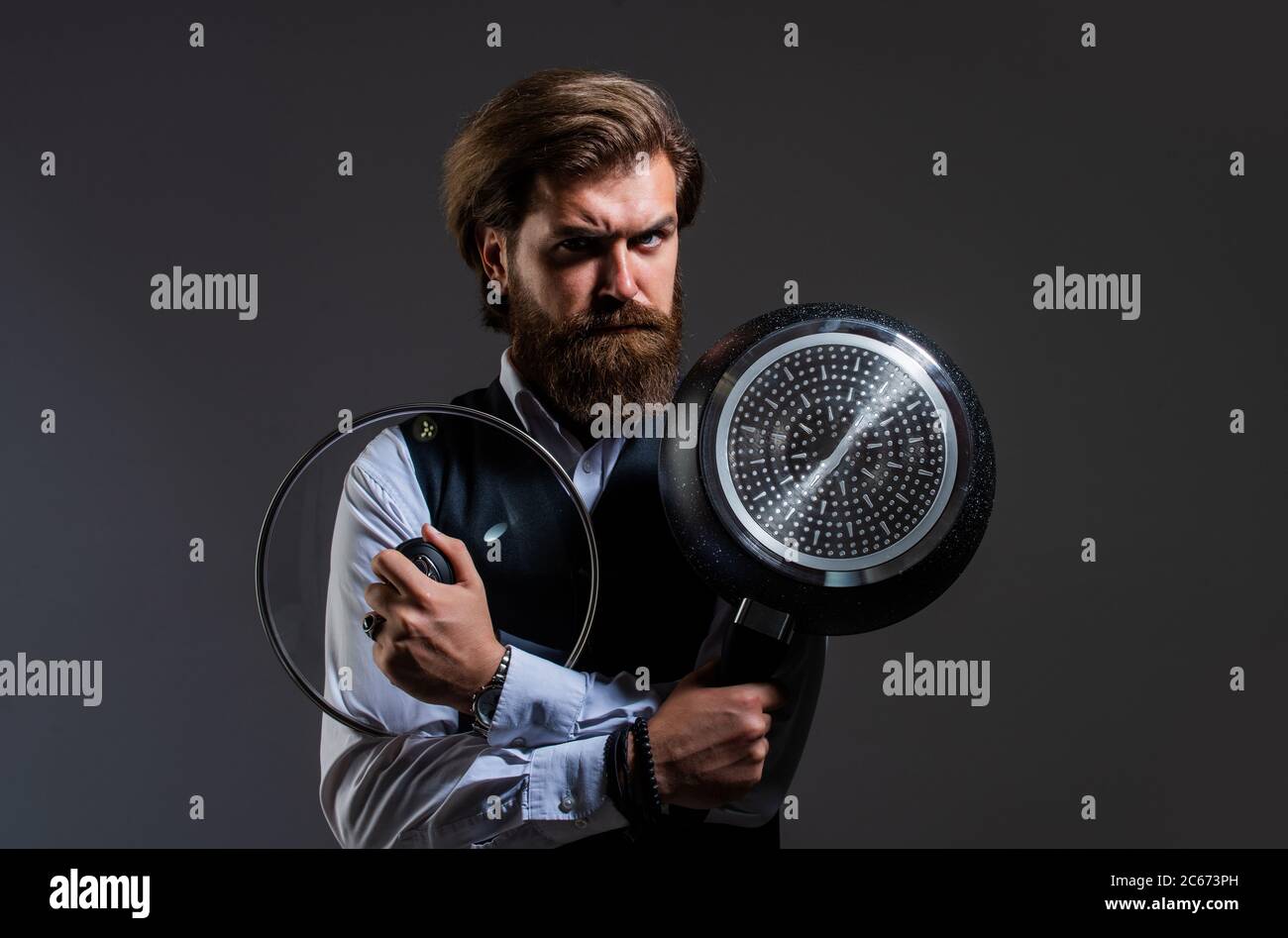 best chef ever. man cooking in kitchen. presenting quality utensil ...