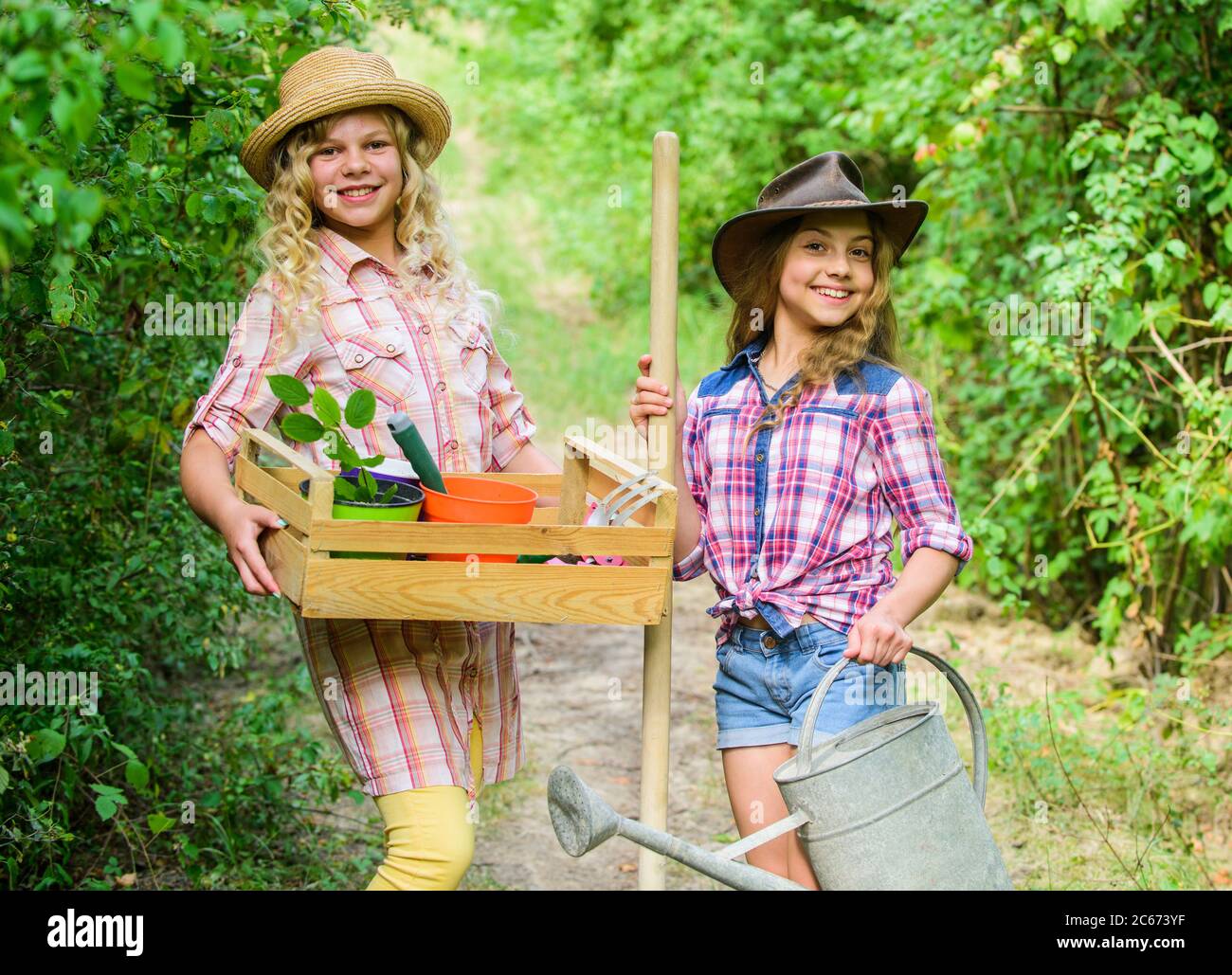 Gardening basics. Kids girls with tools for gardening. Gardens great ...