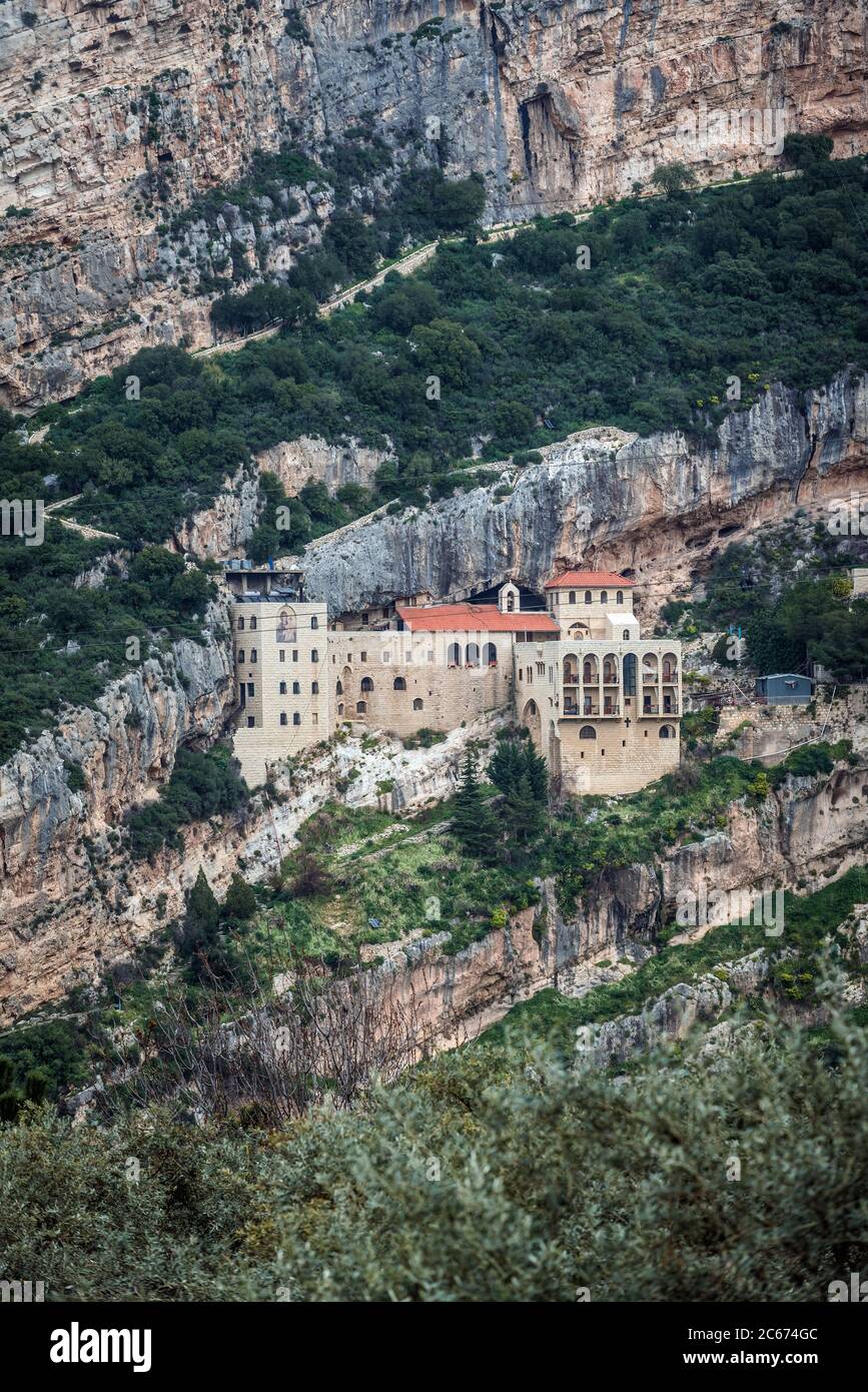 Our Lady of Hamatoura located in village of Kousba, in the rocky hollow ...