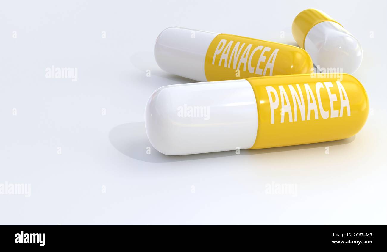 Three 3d medical capsule, pill, with the inscription "panacea"on a ...