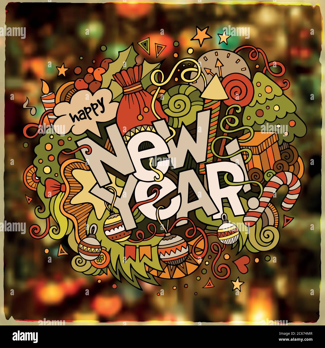 New Year hand lettering and doodles elements vector illustration Stock ...