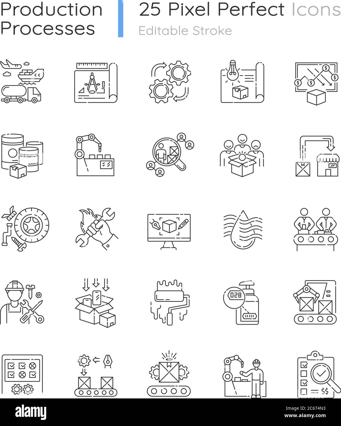 Production process pixel perfect linear icons set. Manufacturing ...