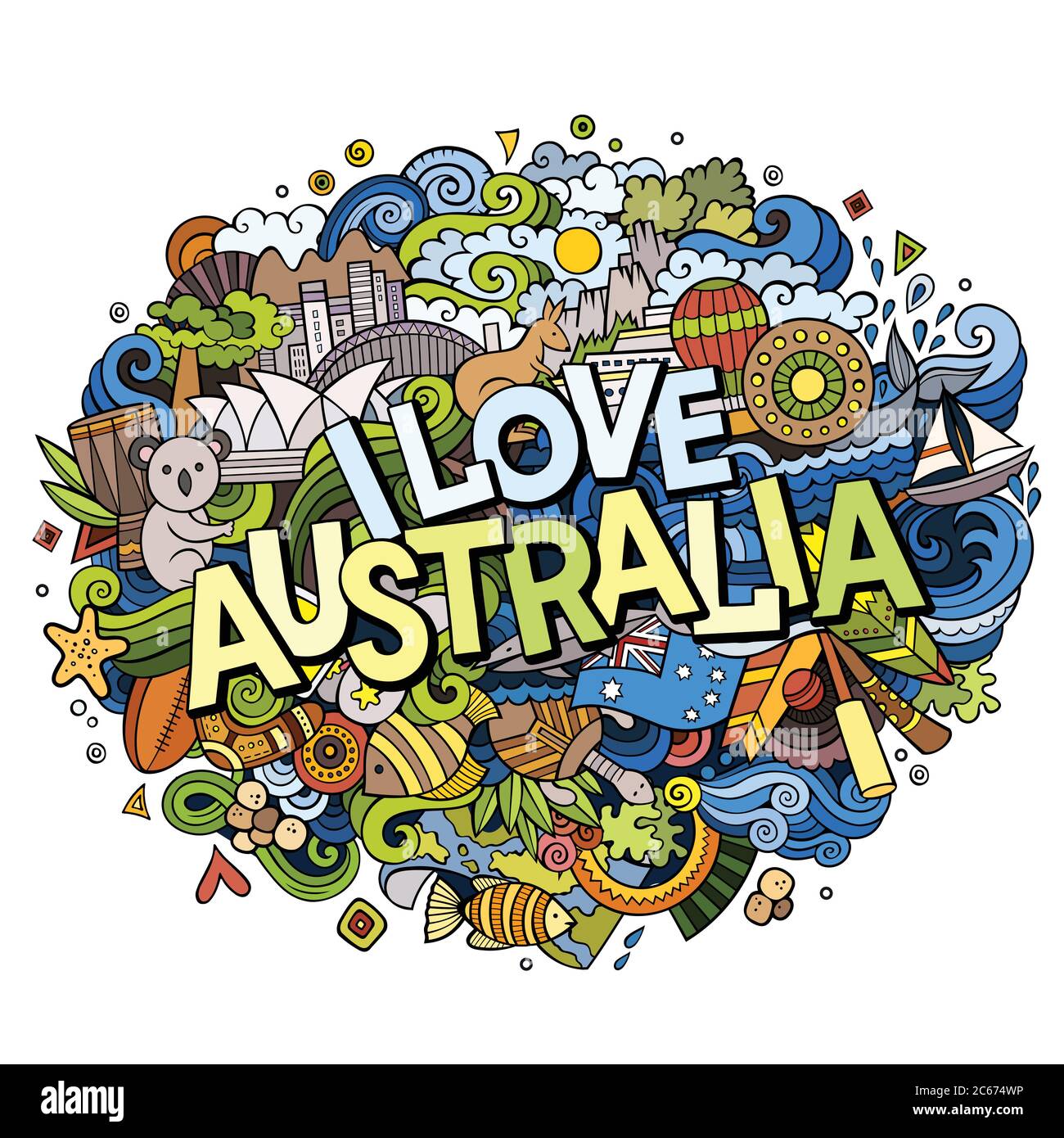 Cartoon cute doodles hand drawn I Love Australia inscription Stock ...