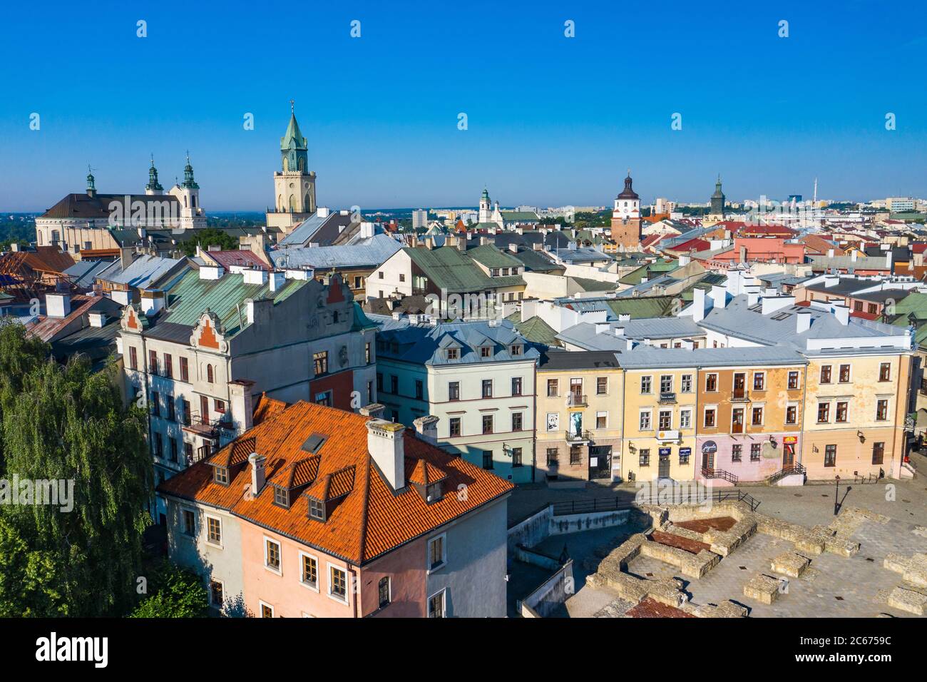 Lublin. Poland. Aerial view of old town. Touristic city center of Lublin bird's eye view ...
