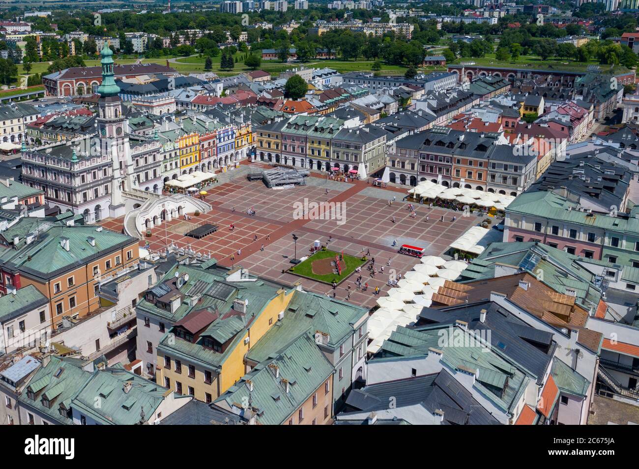 Zamosc, Poland. Aerial view of old town and city main square with town ...