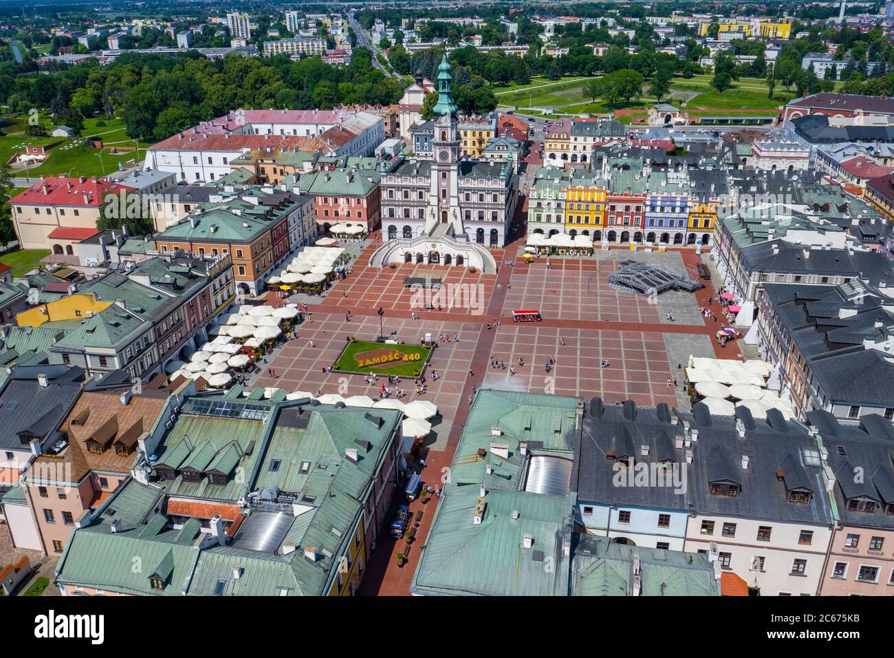 Zamosc, Poland. Aerial view of old town and city main square with town ...