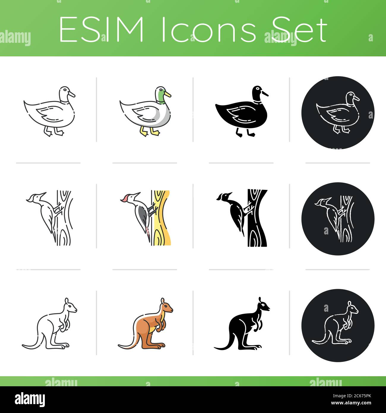 Animals and birds icons set. Linear, black and RGB color styles ...