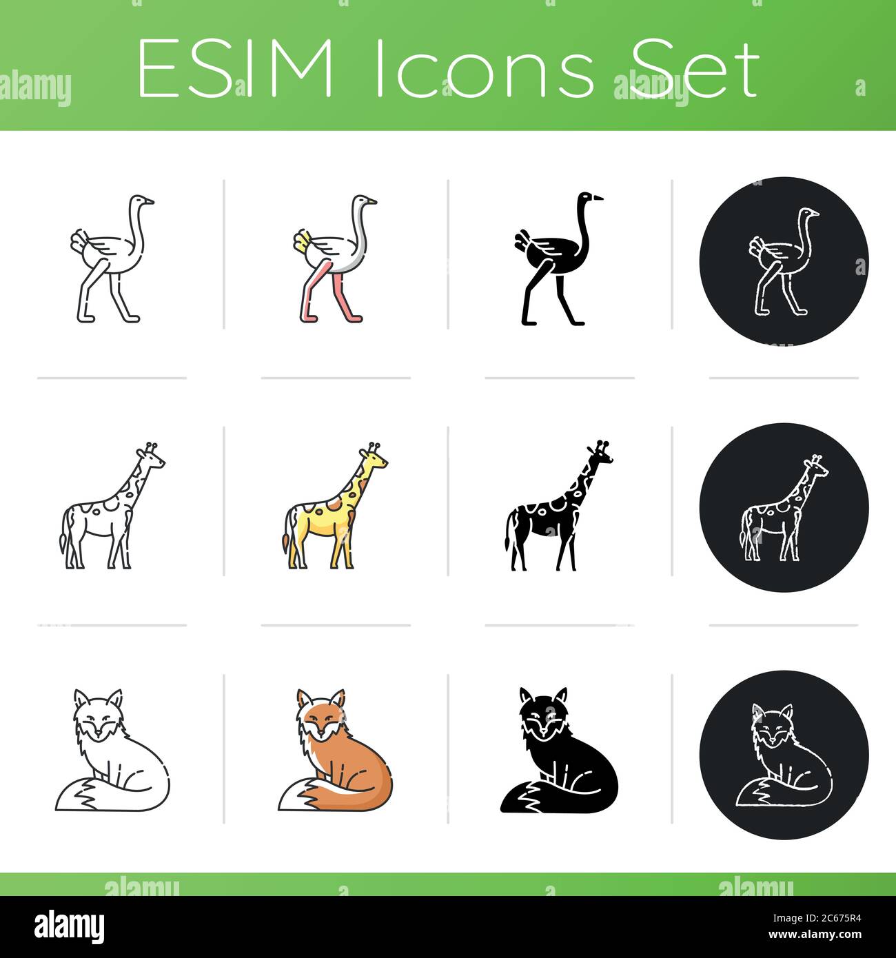 Common and exotic animals icons set. Linear, black and RGB color styles ...