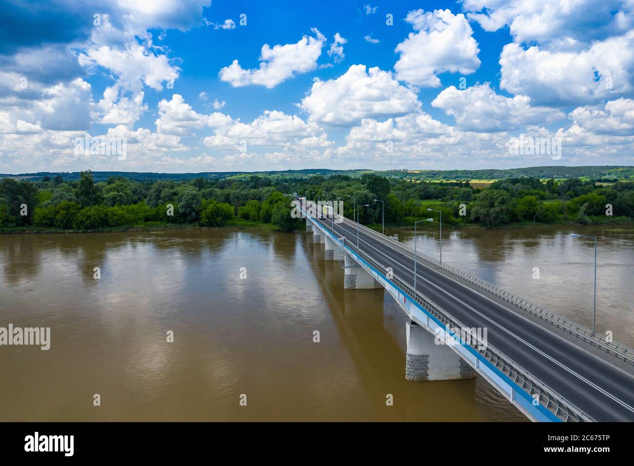 Bridge over Vistula river in Annopol, Poland. Aerial view of Vistula ...