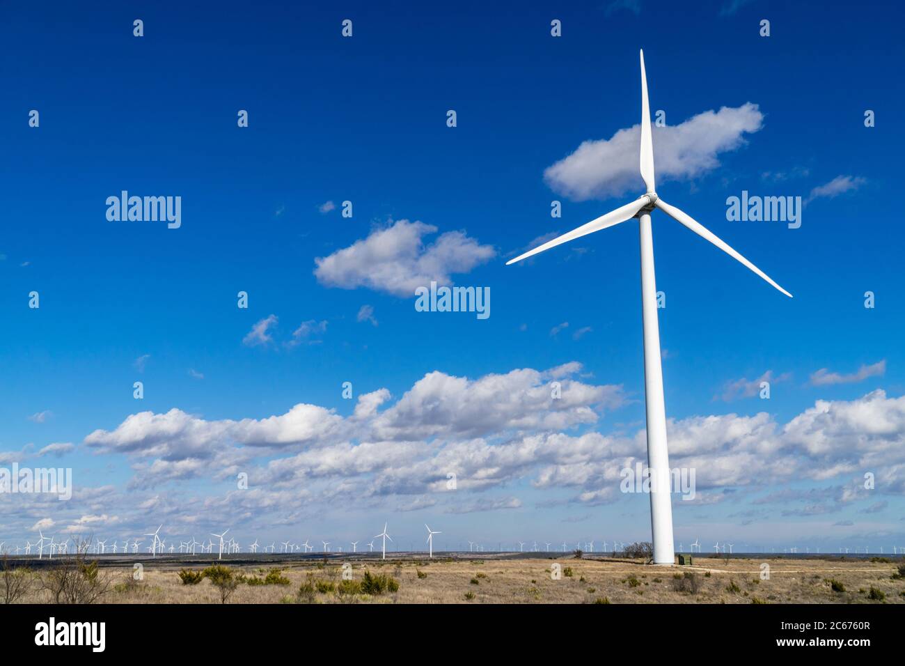 Wind turbines generating renewable power in the fields of Texas Stock ...