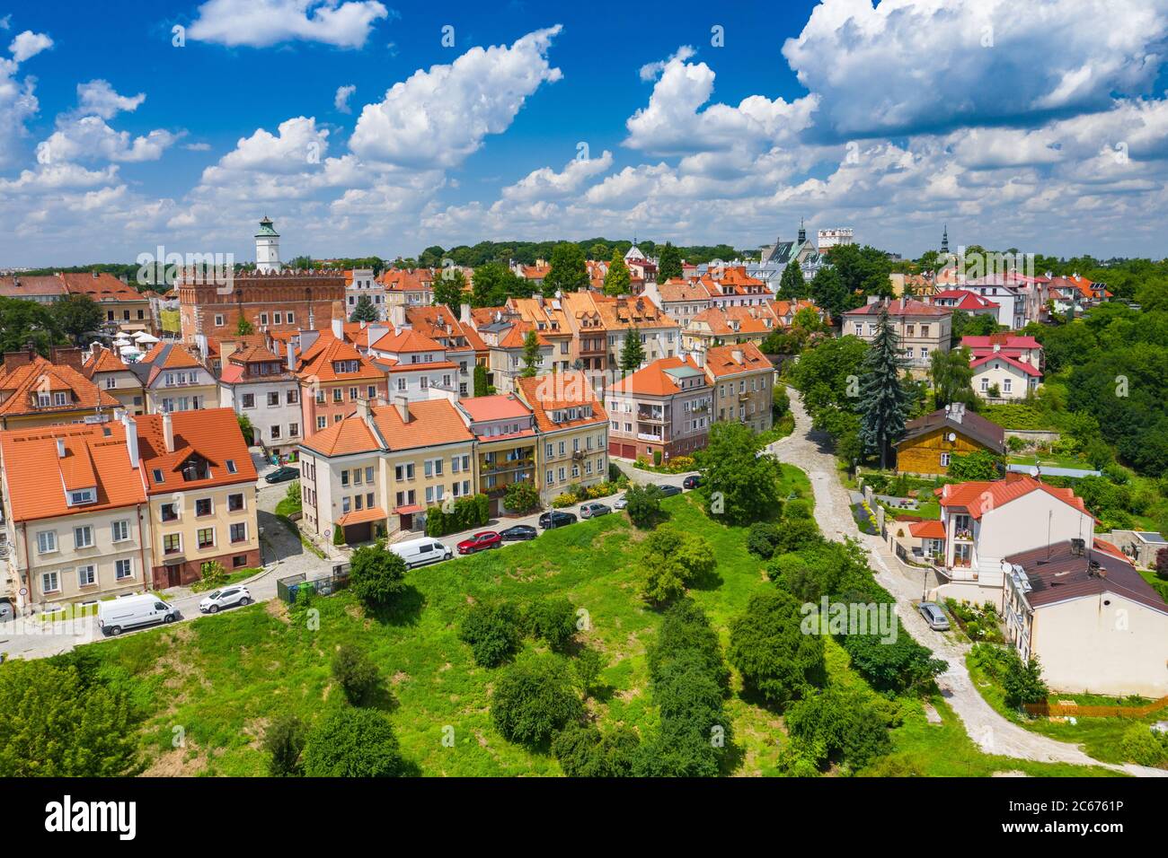 Sandomierz, Poland. Aerial view of medieval old town with town hall ...