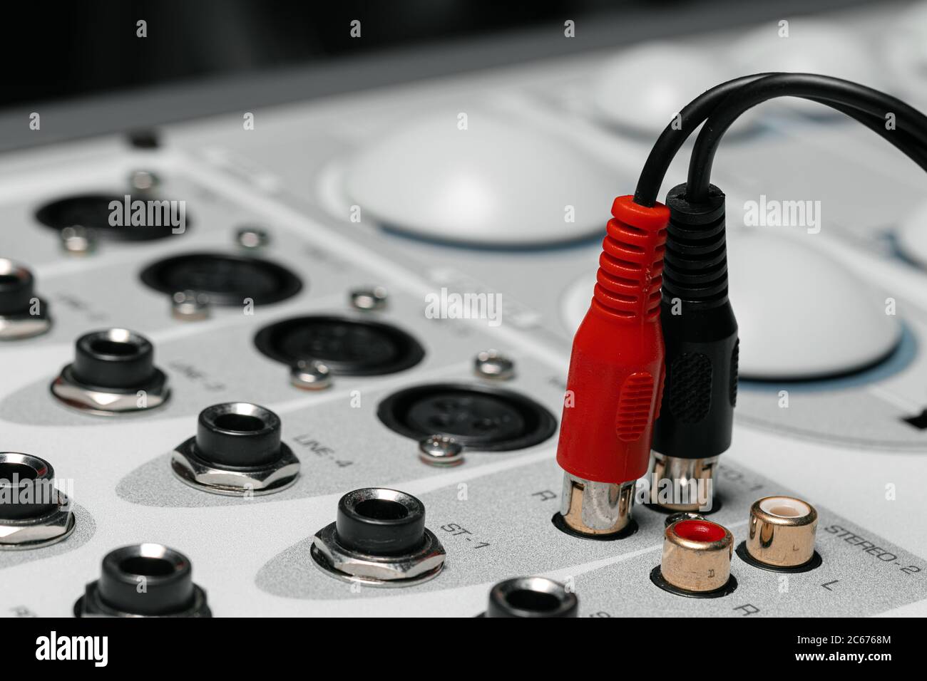 Rear panel of music system amplifier with wires Stock Photo - Alamy