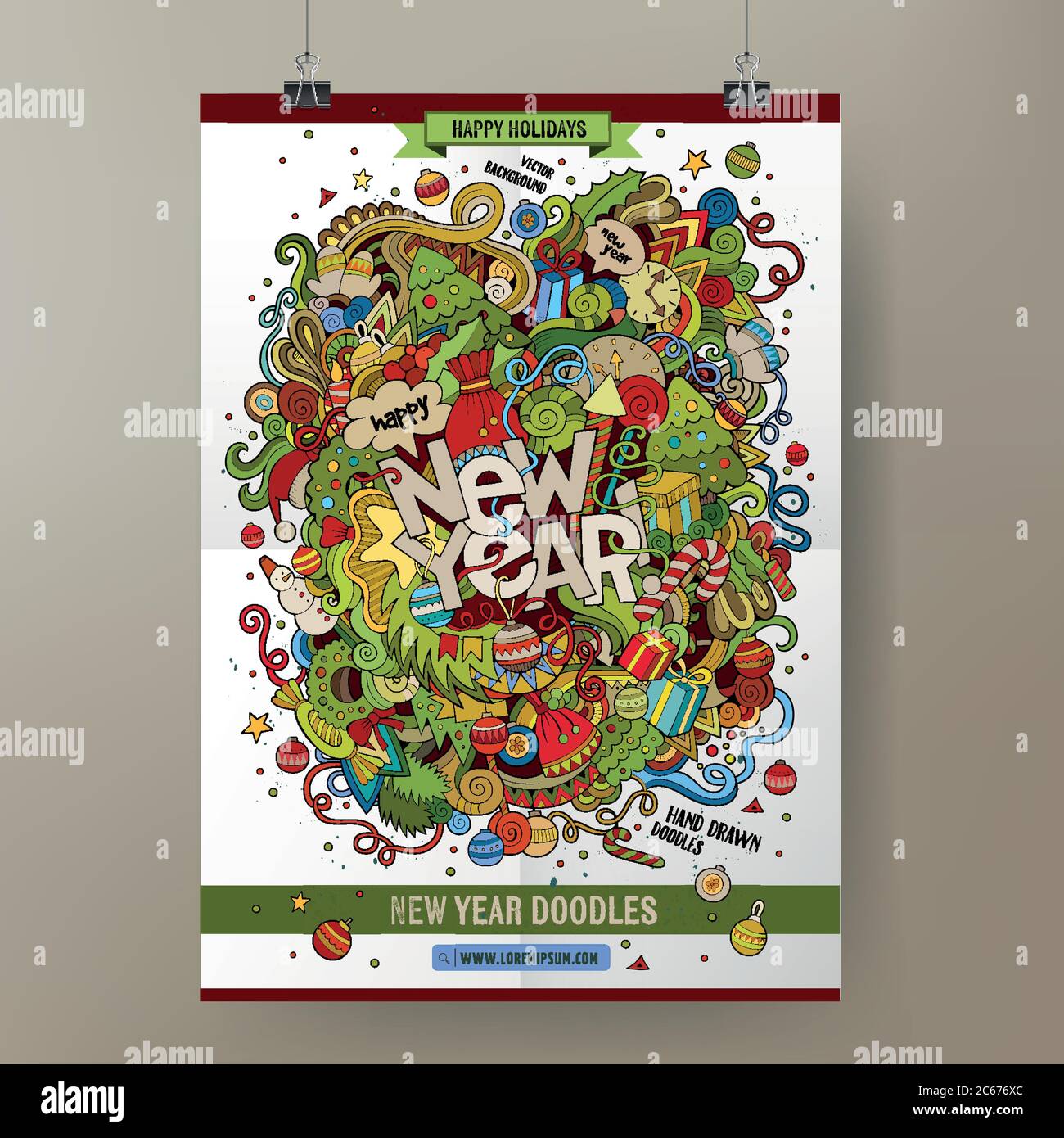 Doodles cartoon colorful Happy New Year hand drawn illustration Stock ...