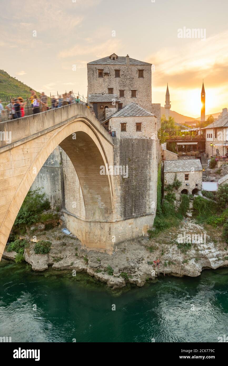 Stari Most bridge at sunset in old town of Mostar, BIH Stock Photo - Alamy