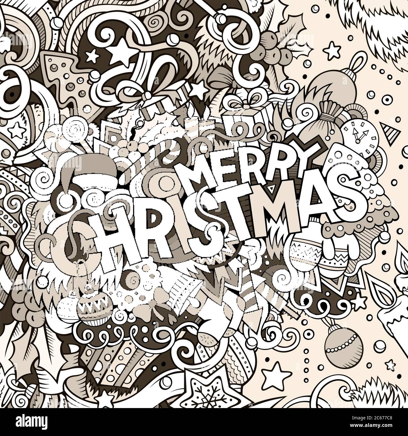 Cartoon cute doodles hand drawn Merry Christmas illustration Stock ...