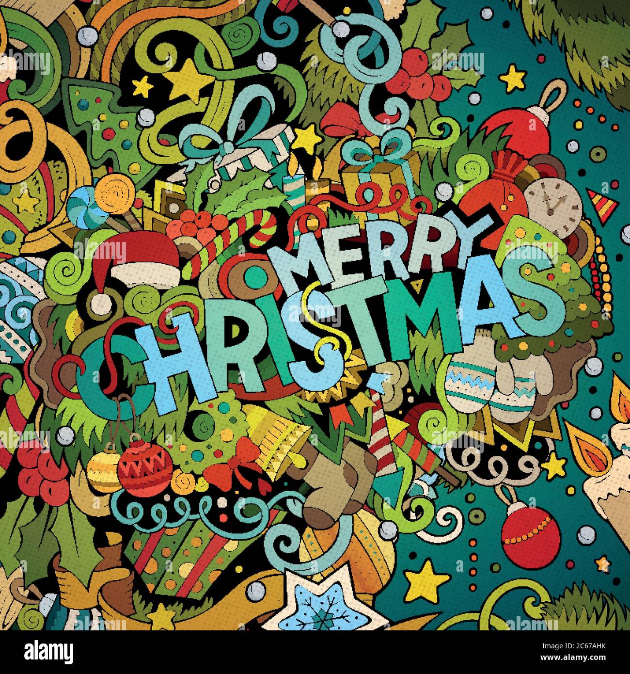 Cartoon cute doodles hand drawn Merry Christmas illustration Stock ...