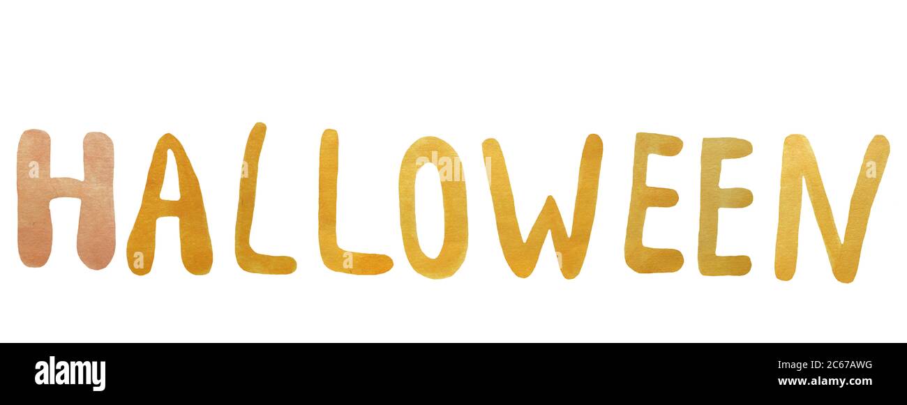 Halloween. Yellow inscription. Watercolor letters. Hand drawing paints ...