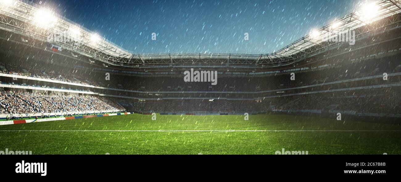 Football stadium, shiny lights, view from field. Soccer concept Stock ...
