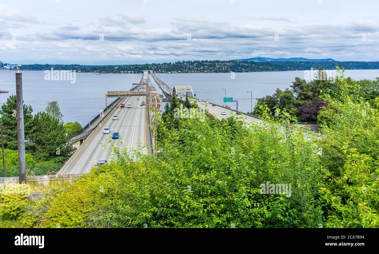 A view of the Interstate 90 floating bridges in Seattle, Washington ...