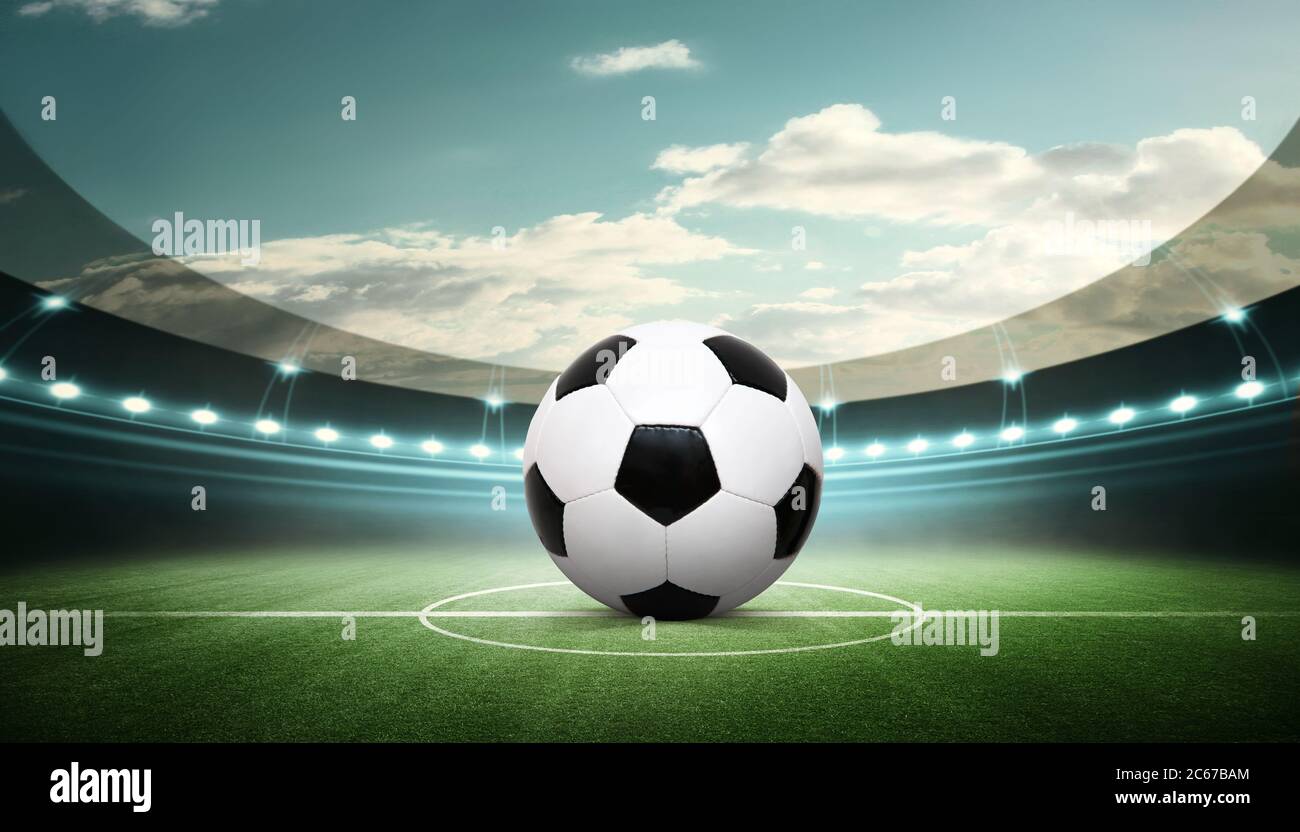 Football stadium, shiny lights, view from field. Soccer concept Stock ...