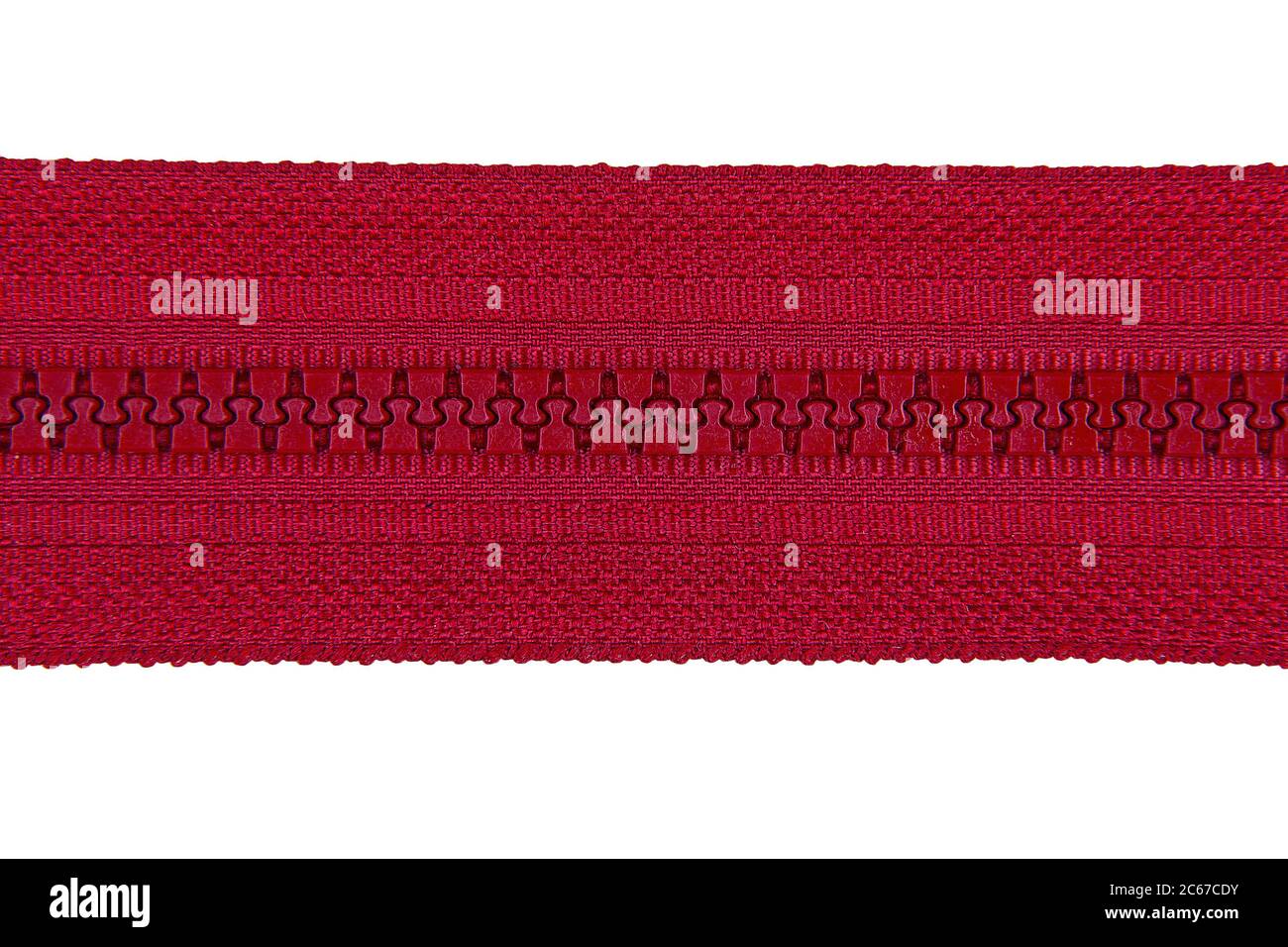 Closed red zipper isolated on white background. Red zipper for tailor ...