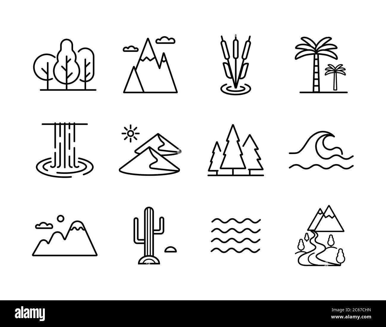 Vector nature icons set: desert, mountains, forest, river, sea, lake ...