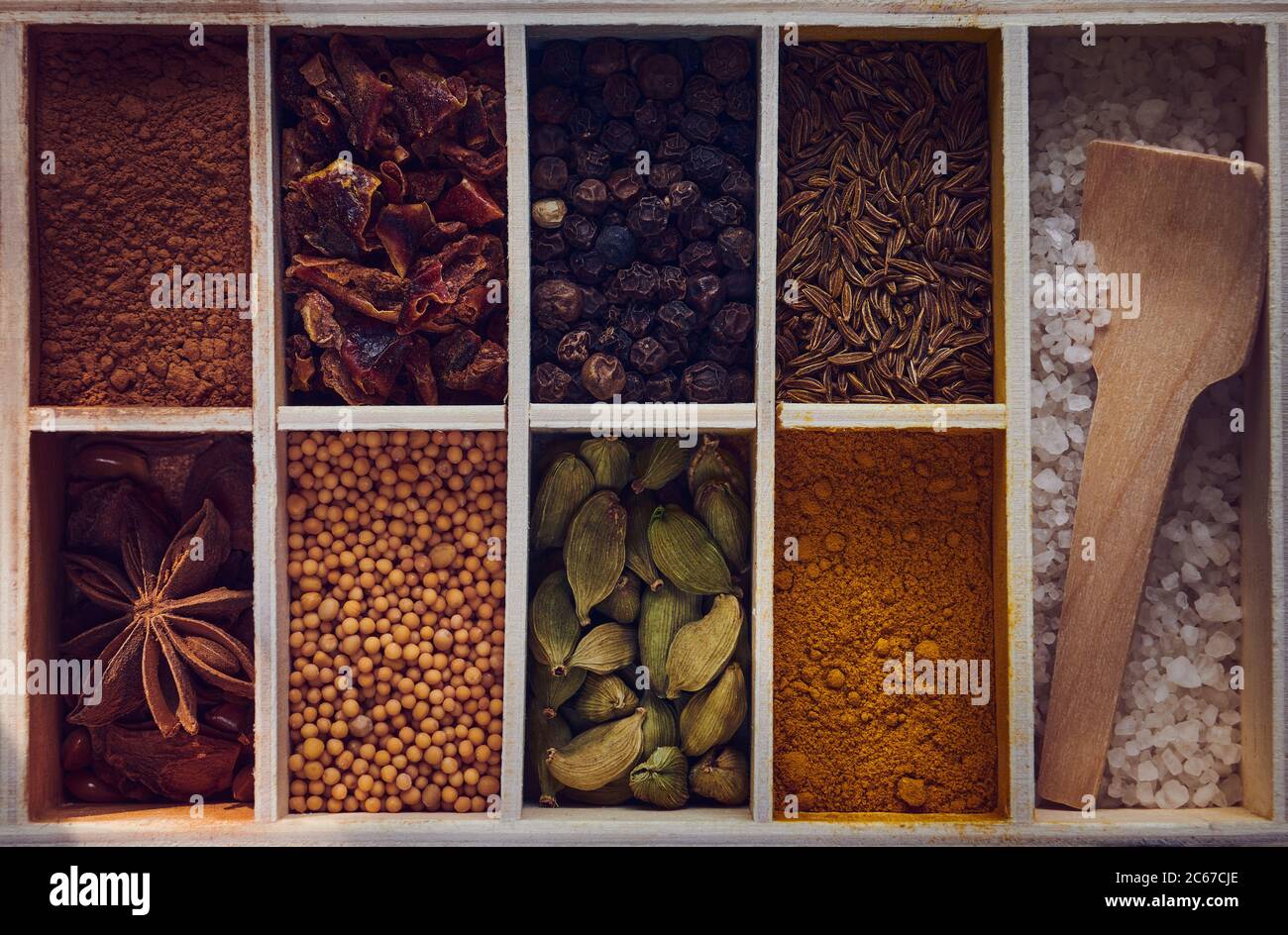 Spices assortment. cooking seasoning collection red paprika, turmeric ...
