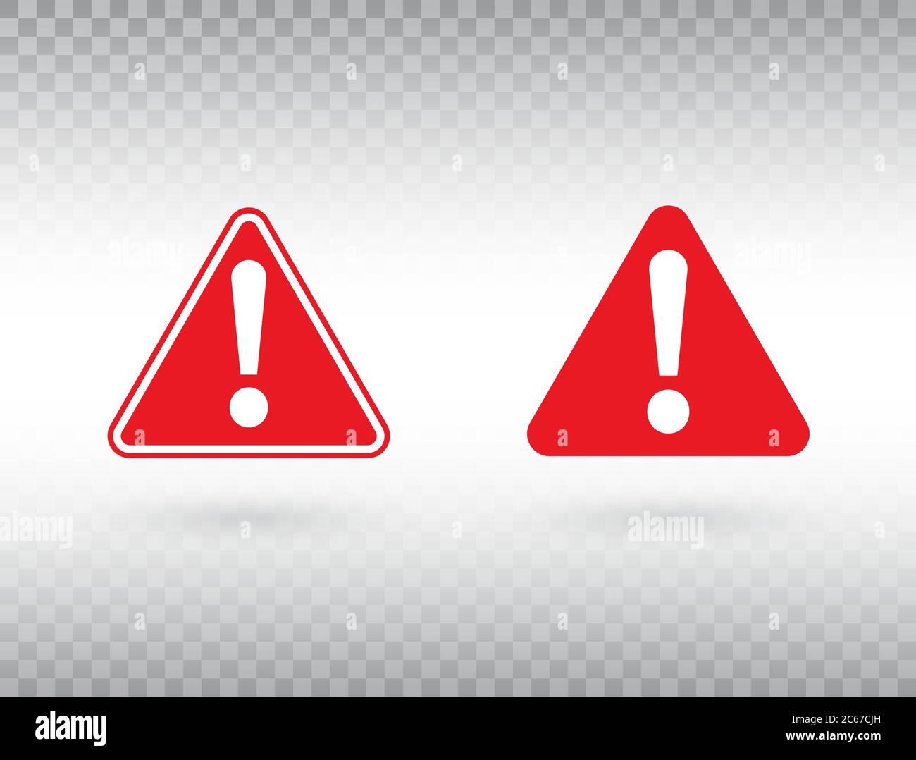 Warning symbol set. Exclamation mark in red triangles. Attention button ...