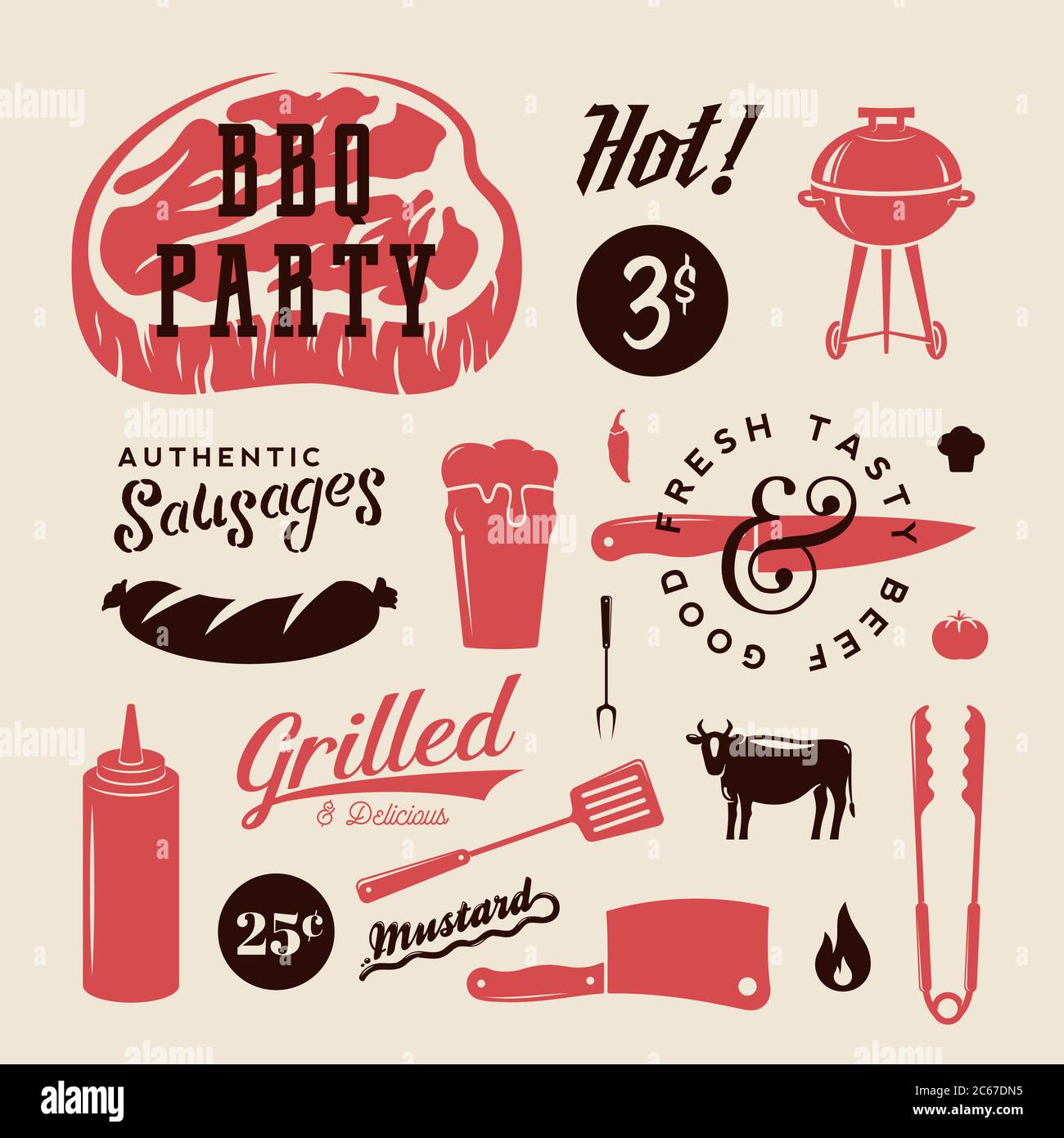 Barbecue Party Vector Retro Labels or Symbols. Meat and Beer Icon ...