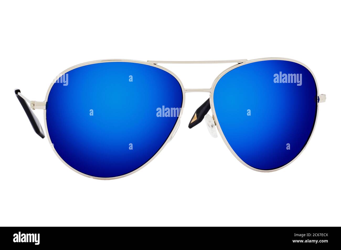Silver sunglasses with Blue mirror lens isolated on white background ...