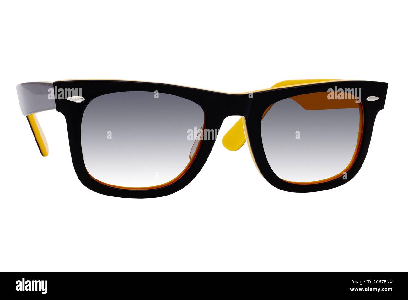 Black outside and yellow inside sunglasses isolated on white background ...