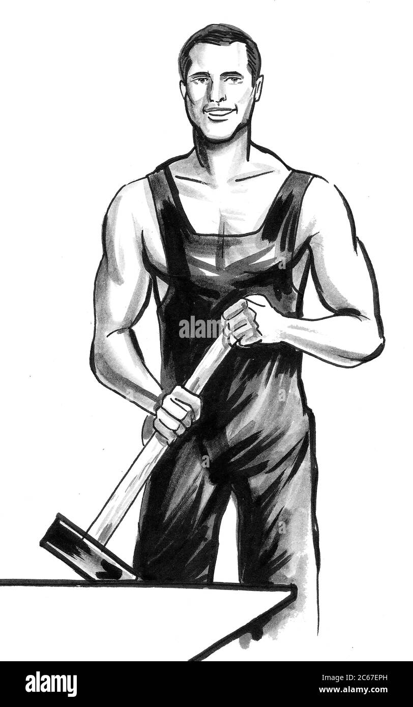 Blacksmith with a hammer. Ink and watercolor drawing Stock Photo - Alamy