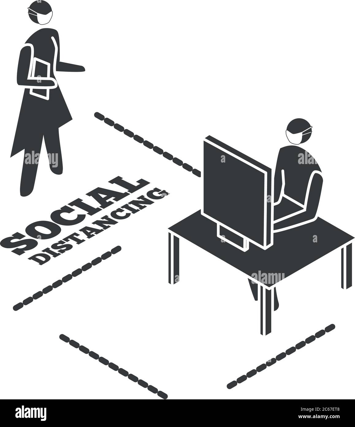 people working on computer, social distancing vector illustration ...