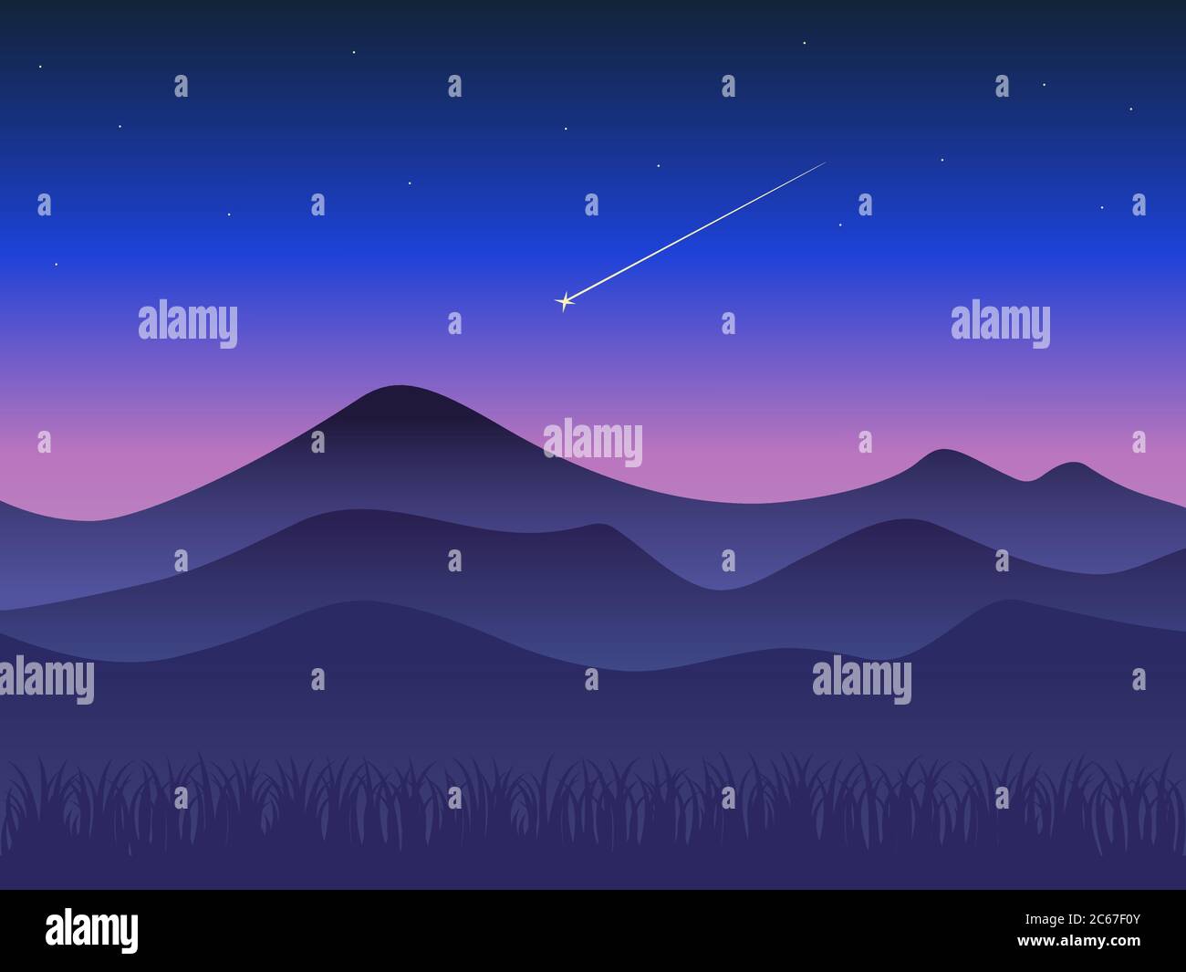 Landscape at sunset, Mountains and shooting star Stock Vector Image ...