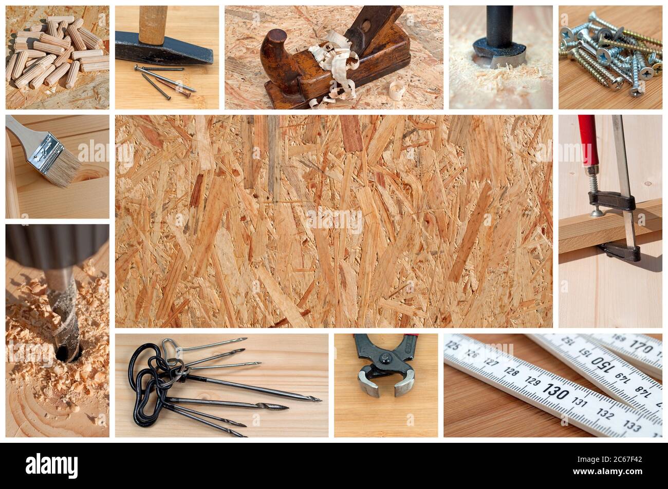 Carpenter's utensils in a collage Stock Photo - Alamy