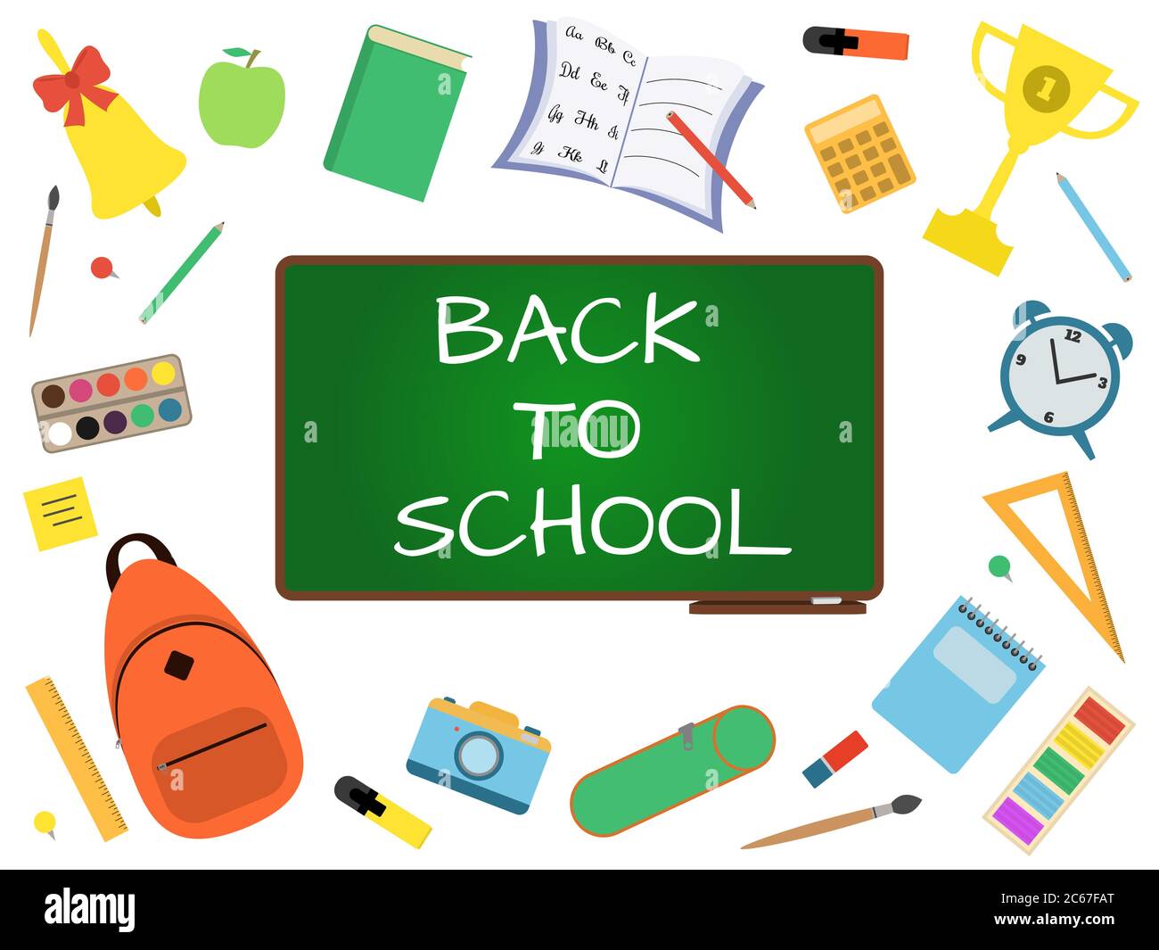 Back to school banner with green blackboard and student items on white ...