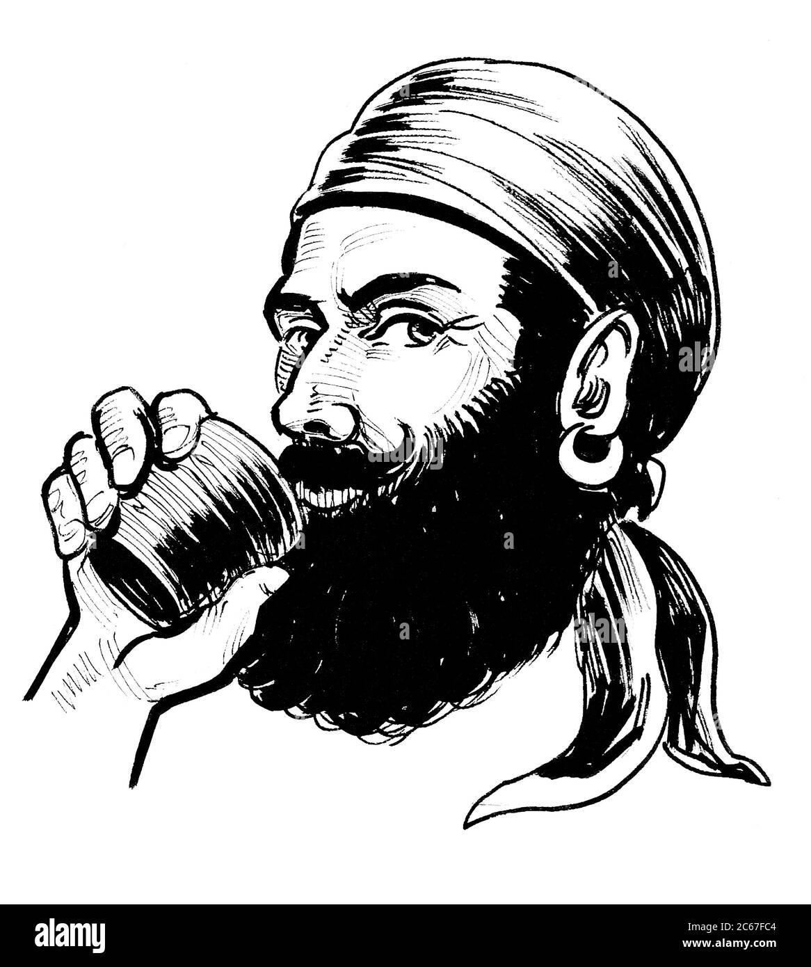 Pirate sailor drinking rum. Ink black and white drawing Stock Photo - Alamy