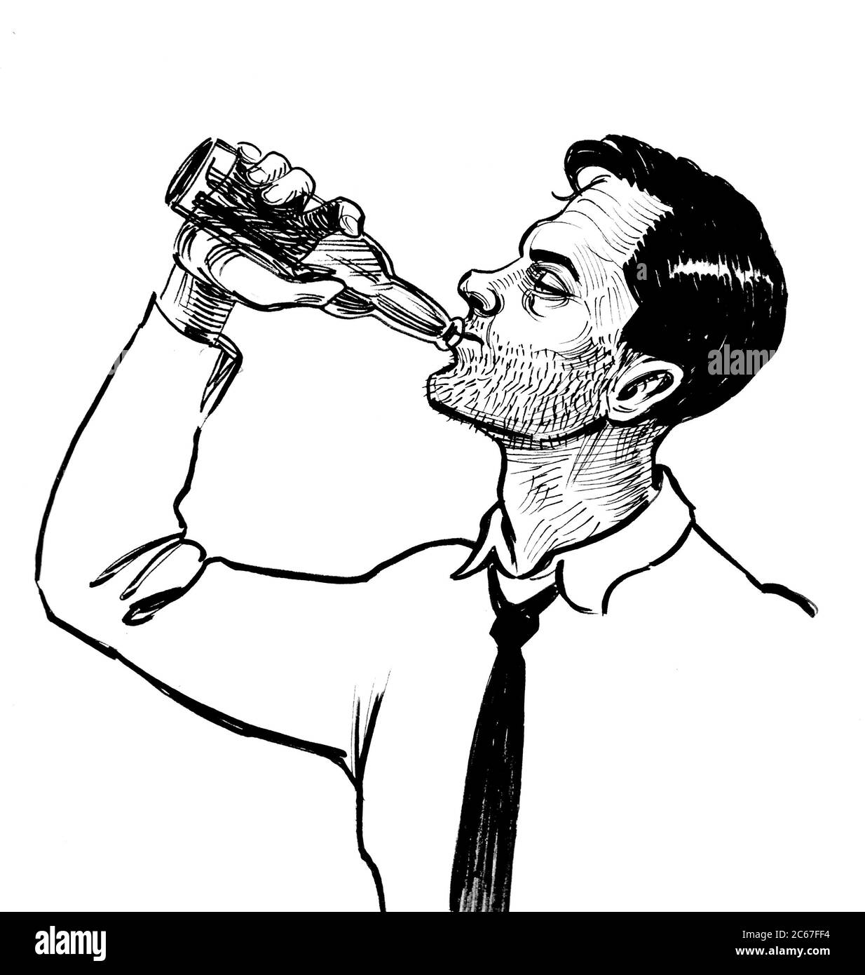 Alcoholic man drinking beer from the bottle. Ink black and white ...