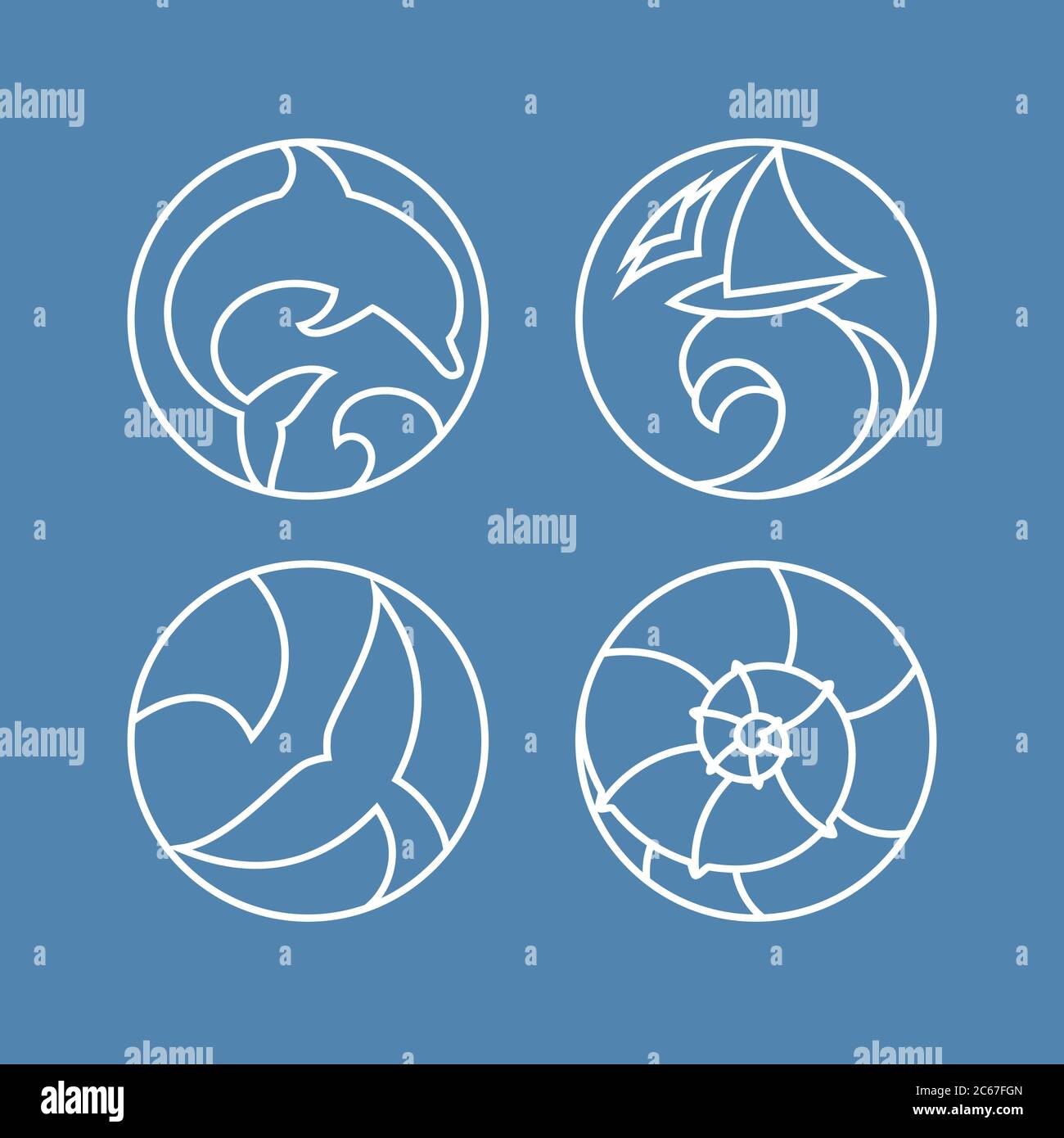 Set of logo badges with ocean wave, dolphin, whale tail, sailboat and ...