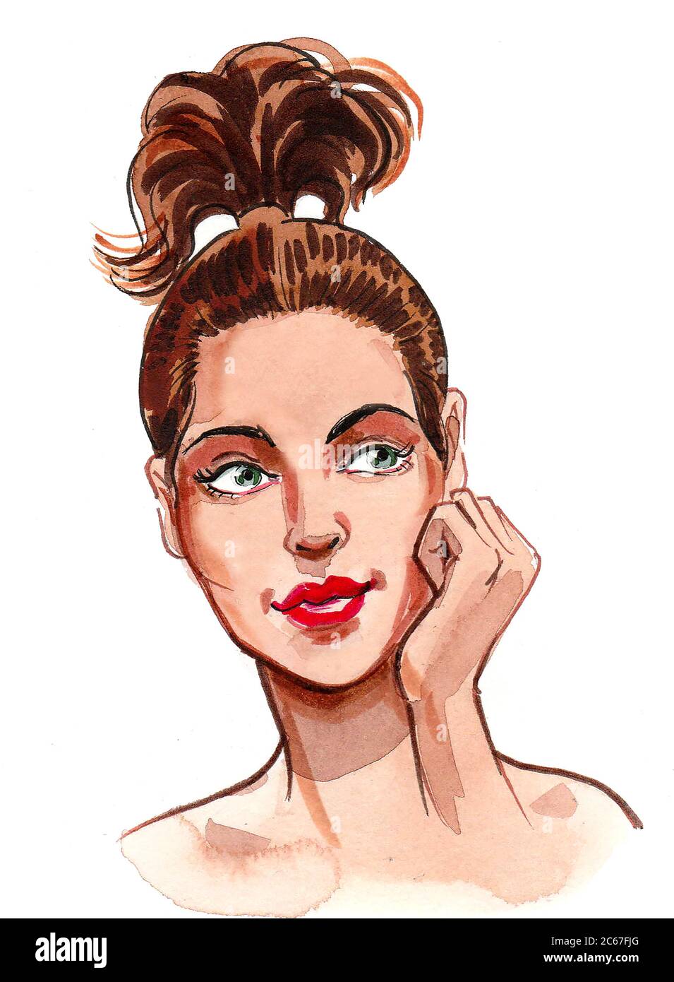 Pretty woman face. Ink and watercolor drawing Stock Photo - Alamy