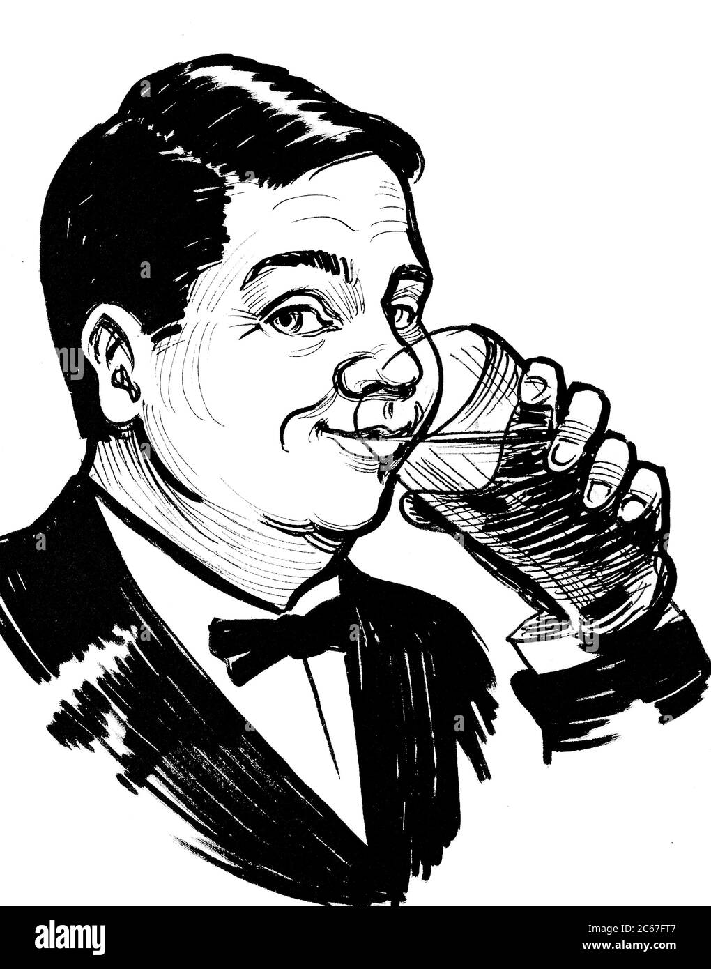 Happy man drinking beer. Ink black and white drawing Stock Photo - Alamy