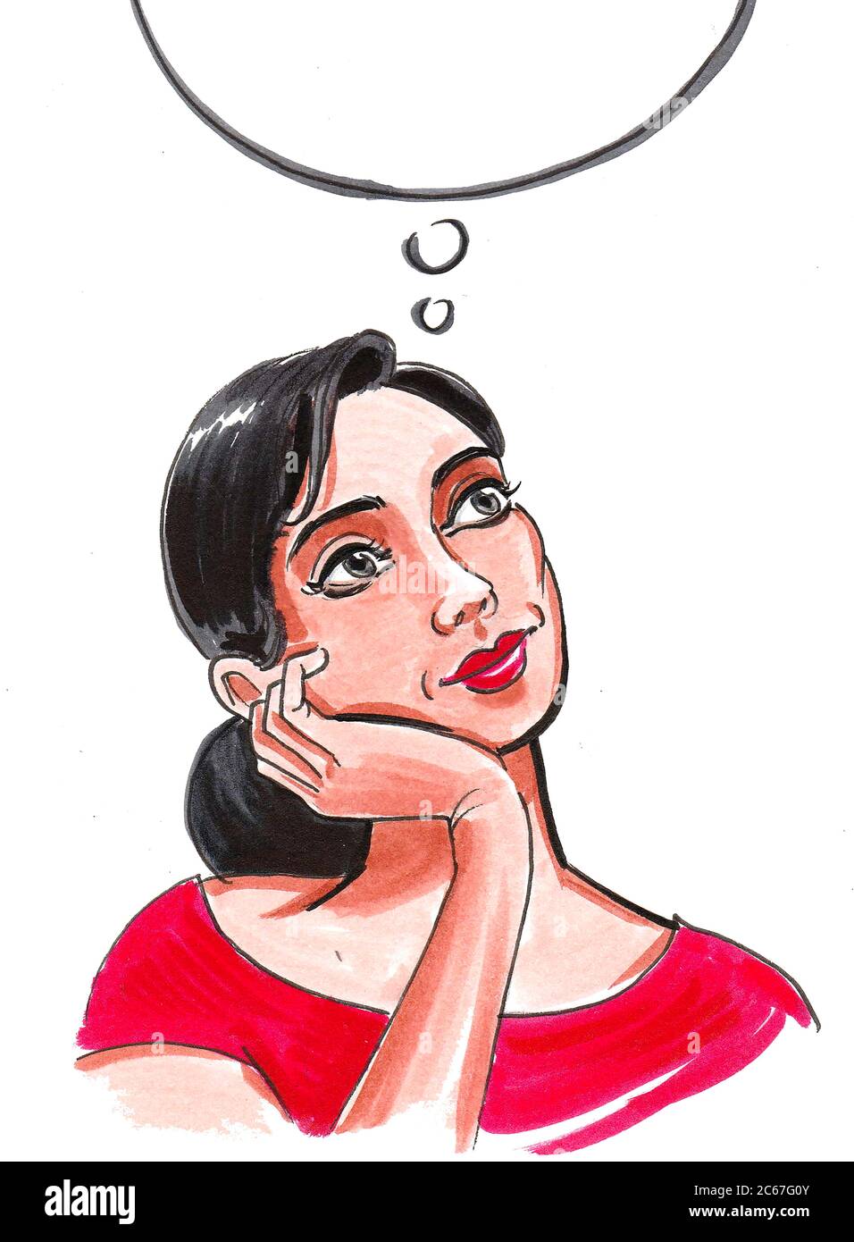 Pretty girl is dreaming. Ink and watercolor drawing Stock Photo - Alamy