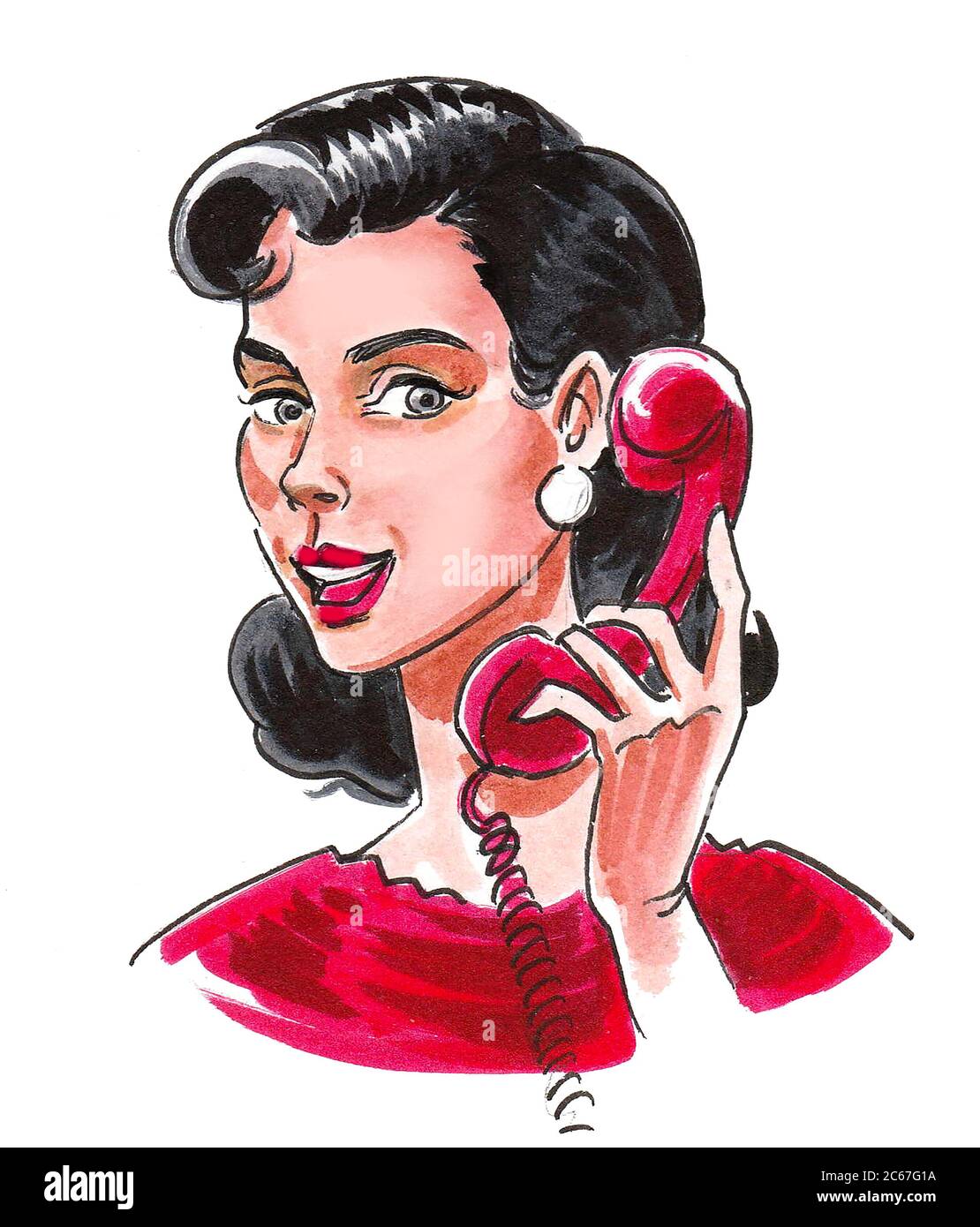 Girl speaking over red retro telephone. Ink and watercolor drawing ...