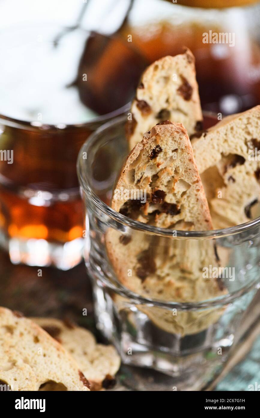 Traditional Italian sweet pastry biscotti or cantucci with raisins in ...