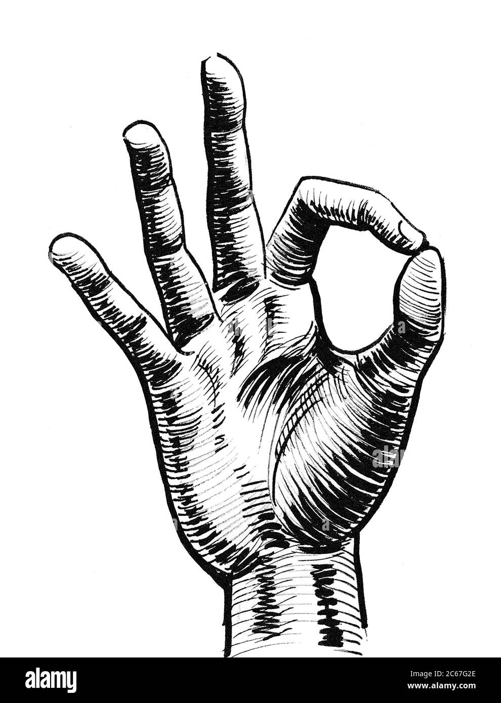 Hand making ok sign. Ink black and white drawing Stock Photo - Alamy