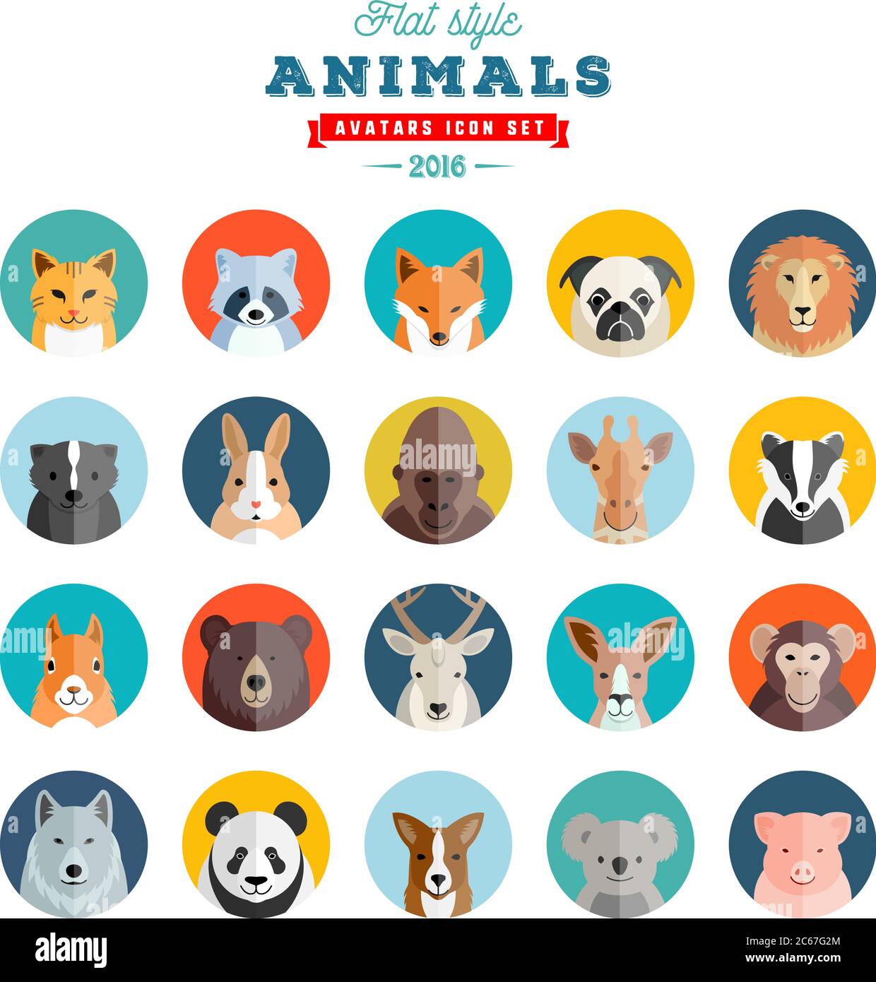 Flat Style Animals Avatar Vector Set. Twenty Icons Stock Vector Image ...