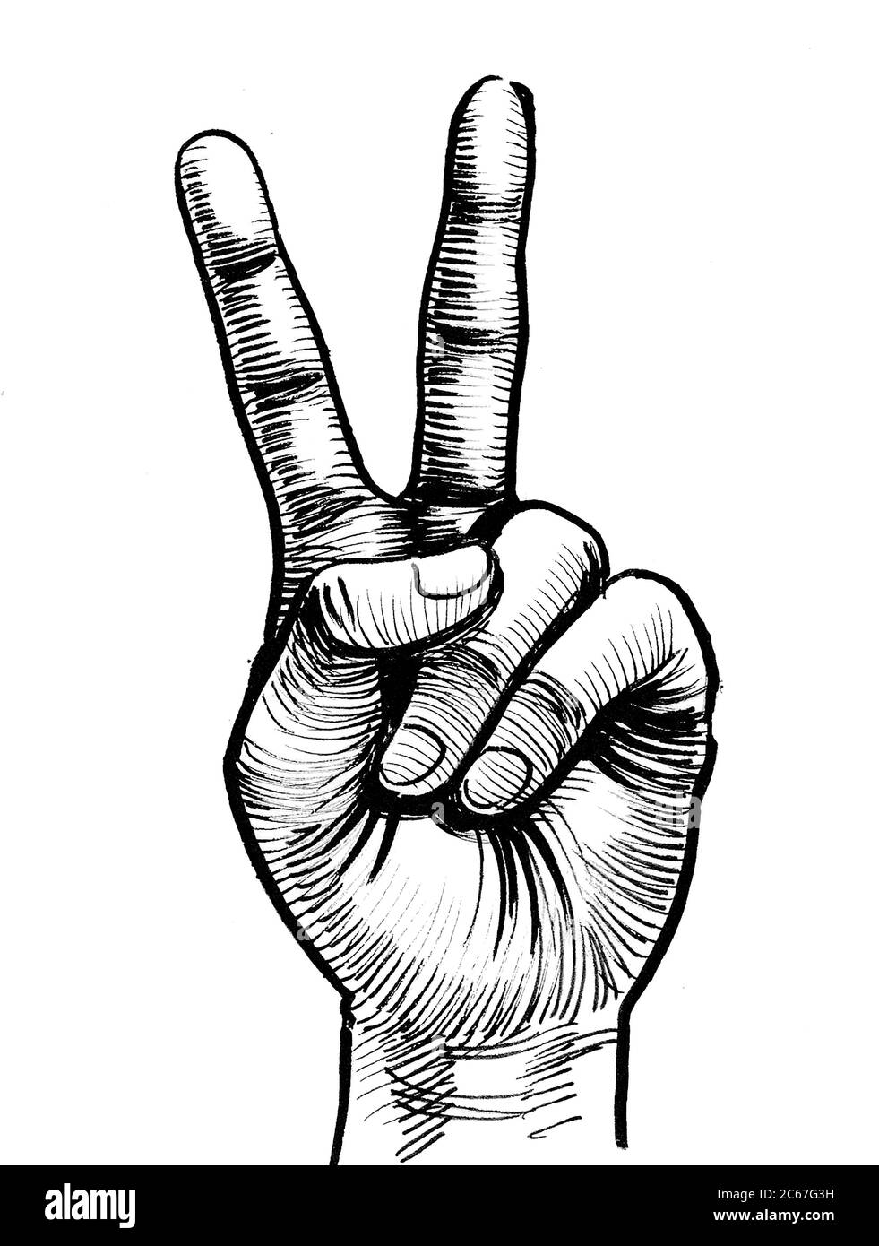 Hand showing victory sign. Ink black and white drawing Stock Photo - Alamy
