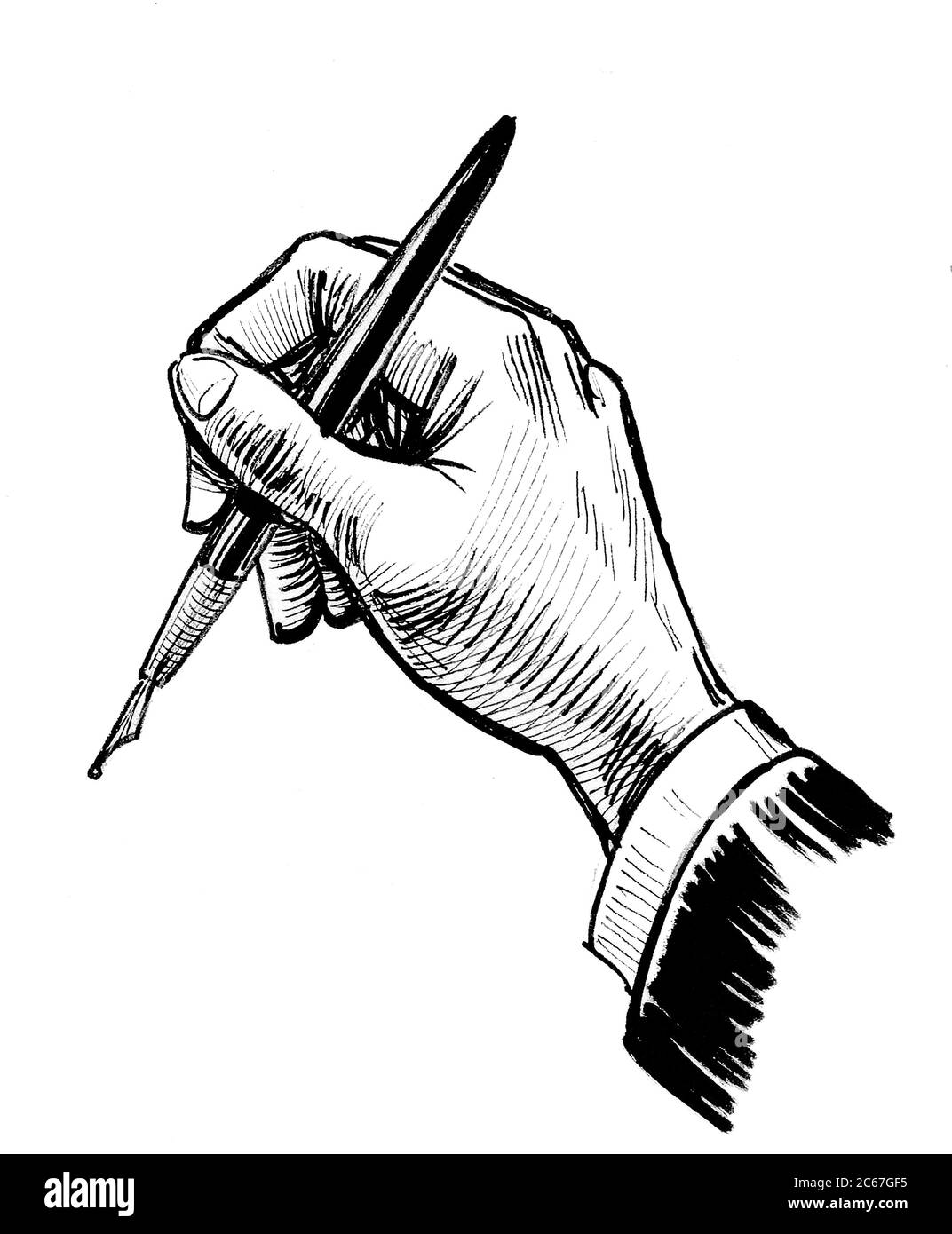 Hand with pen. Ink black and white drawing Stock Photo - Alamy